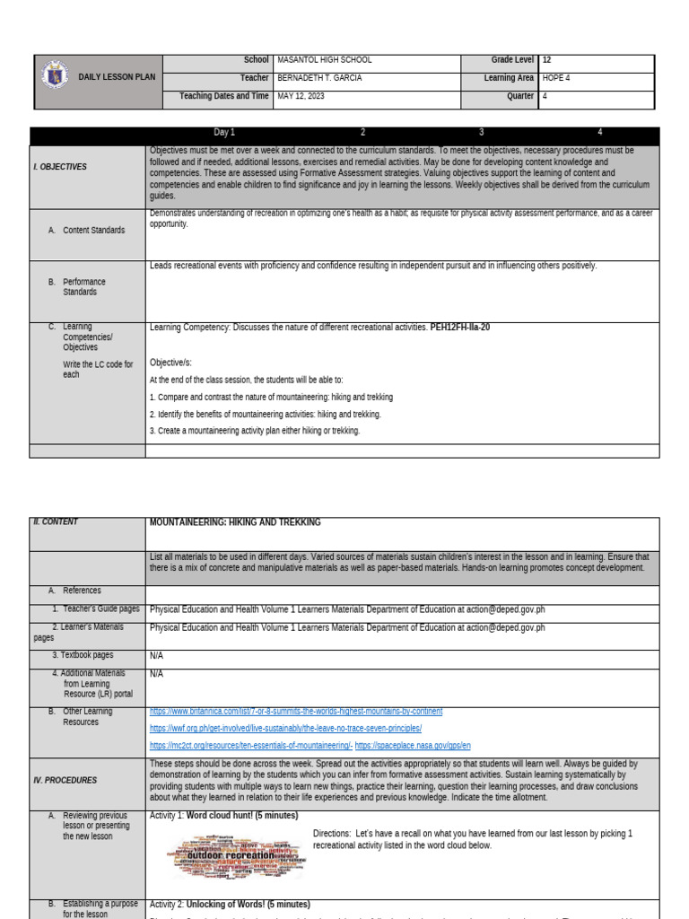 DLL COT1 HOPE4 BernadethGarcia | PDF | Hiking | Outdoor Recreation