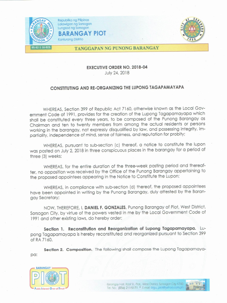 E.O. Reorganizing Lupon Tagapamayapa | PDF