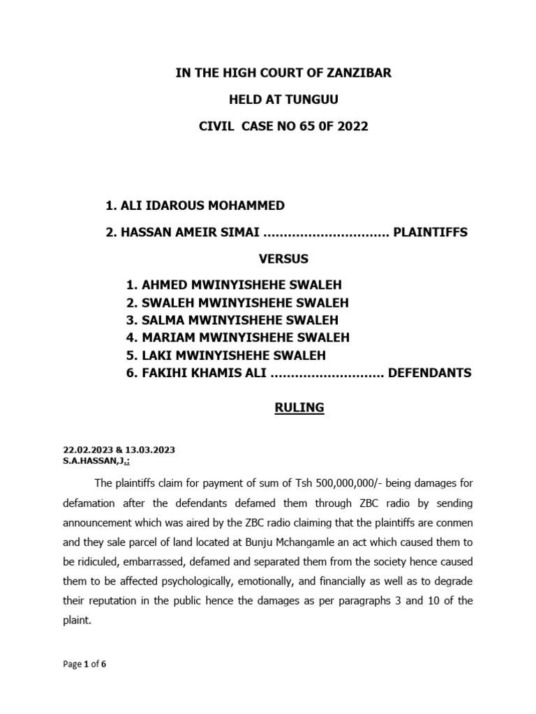Ali Idarous Mohammed and 1 Another Vs Ahmed Mwinyishehe Swaleh and 5 ...