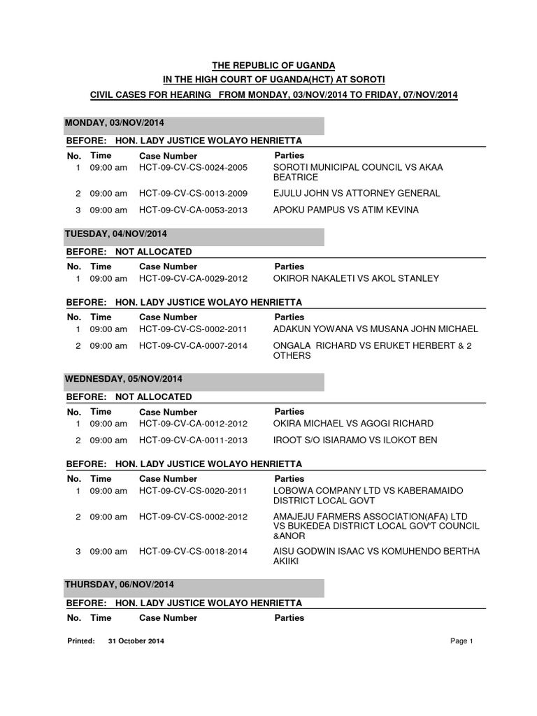 Soroti High Court Cause List | PDF