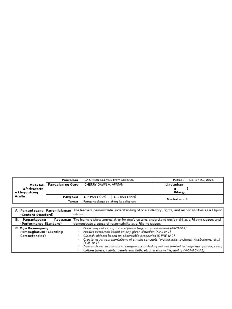 DLL Kindergarten Q4 Week1 | PDF