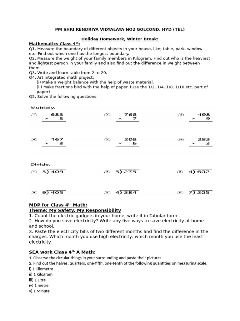 Class 4 Winter Break Holiday Homework | PDF