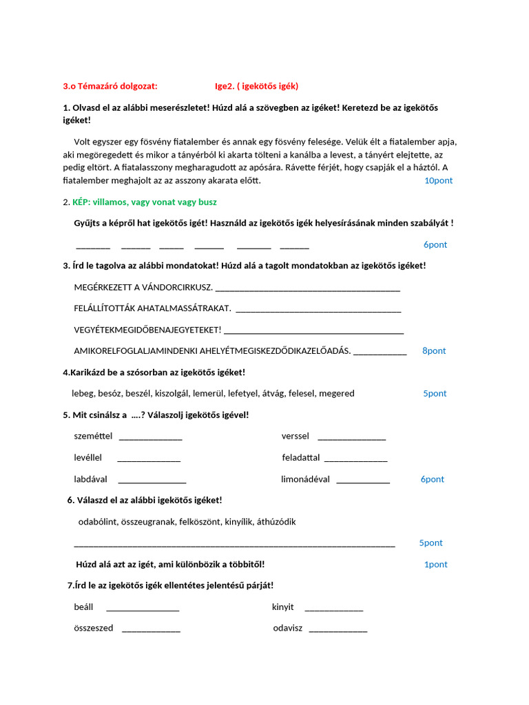 Témazáró Dolgozat 3.o Ige 2. (Igekötős Ige) - Acsop | PDF