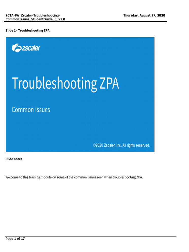 28 ZCTA-PA - Zscaler-Troubleshooting-CommonIssues - StudentGuide - 6 - v1.0 | PDF