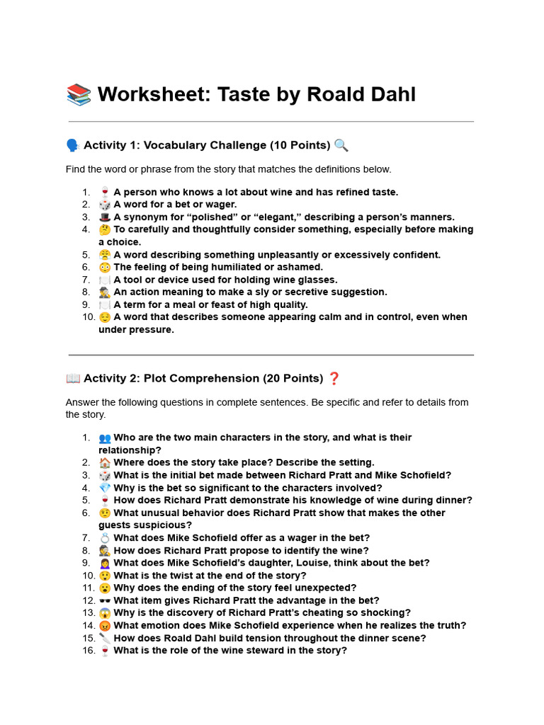 ? Worksheet - Taste by Roald Dahl | PDF