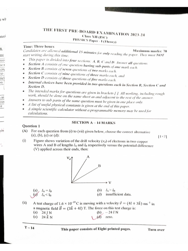1st Pre Board Phy 2023 | PDF