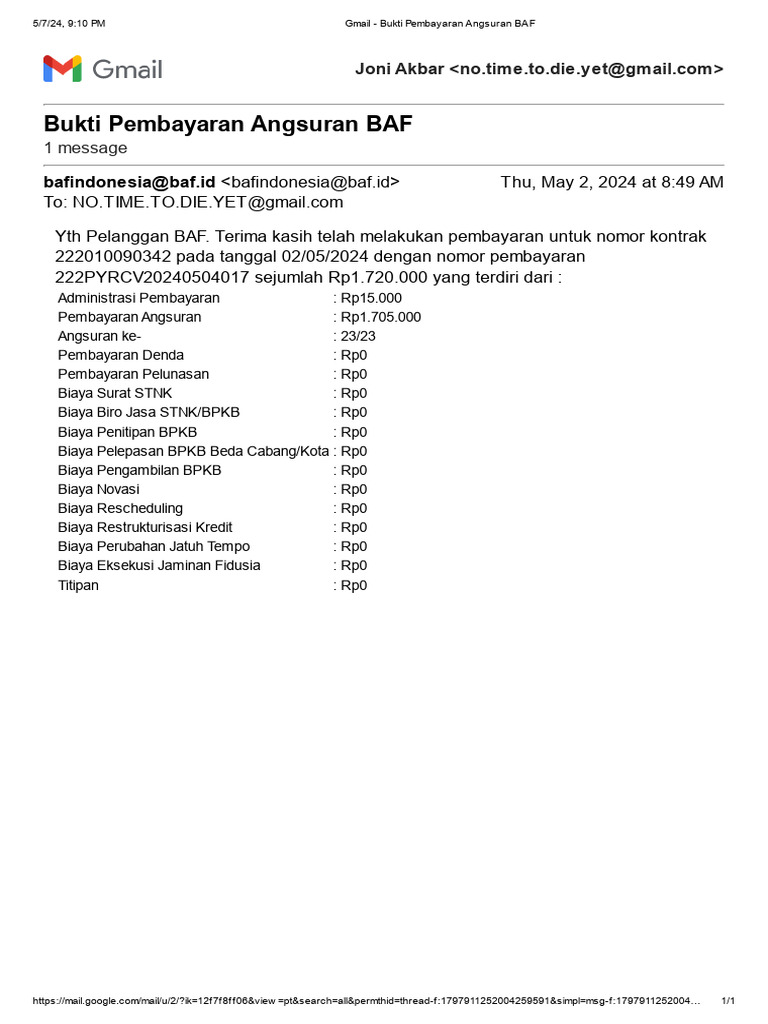 Gmail - Bukti Pembayaran Angsuran BAF | PDF