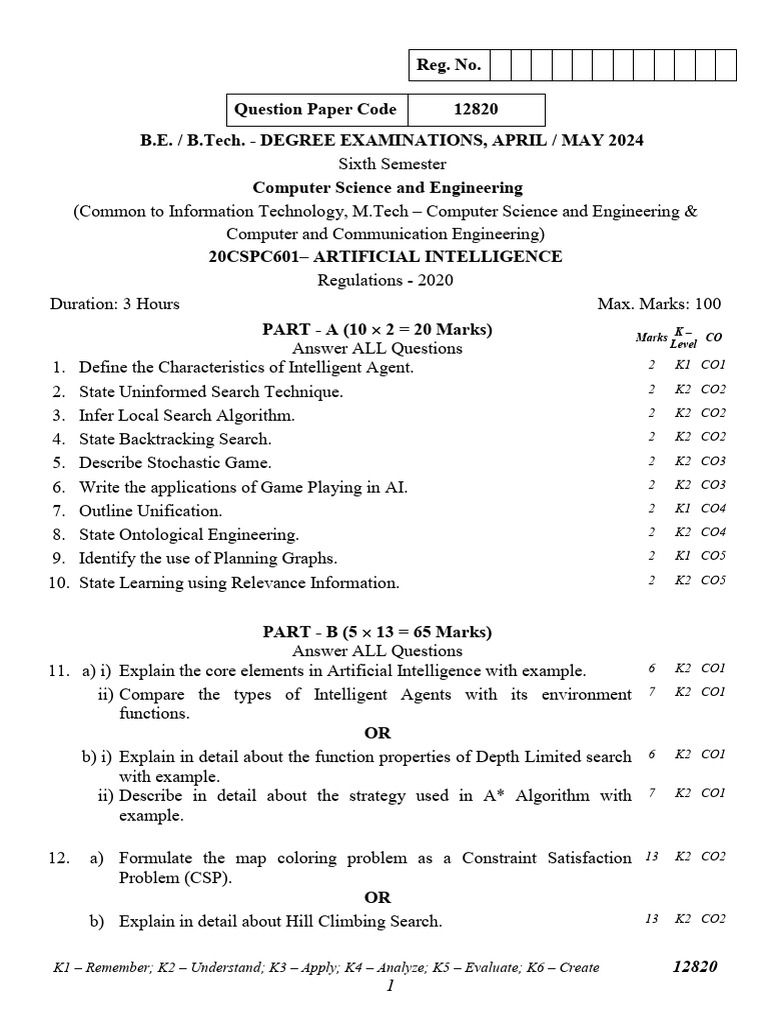 AI Exam Paper for Computer Science 2024 | PDF | First Order Logic | Artificial Intelligence