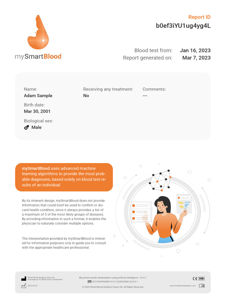 MySmartBlood Report b0ef3iYU1ug4yg4L | PDF | Medical Diagnosis | Medical Specialties