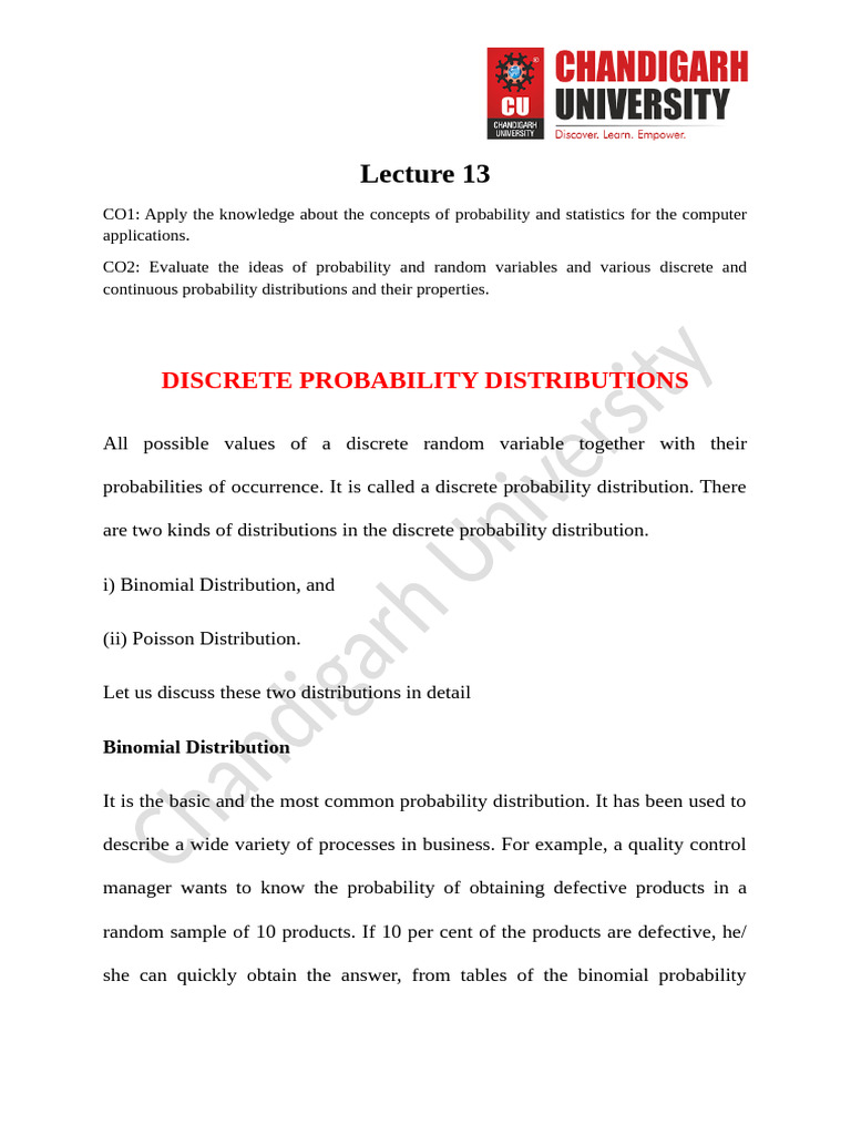 Lecture 13 [Discrete Probability Distribution] | PDF | Probability Distribution | Standard Deviation