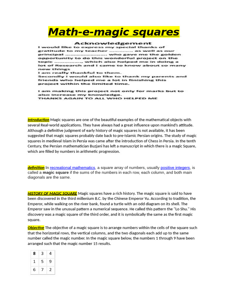 History and Construction of Magic Squares | PDF | Numbers | Arithmetic
