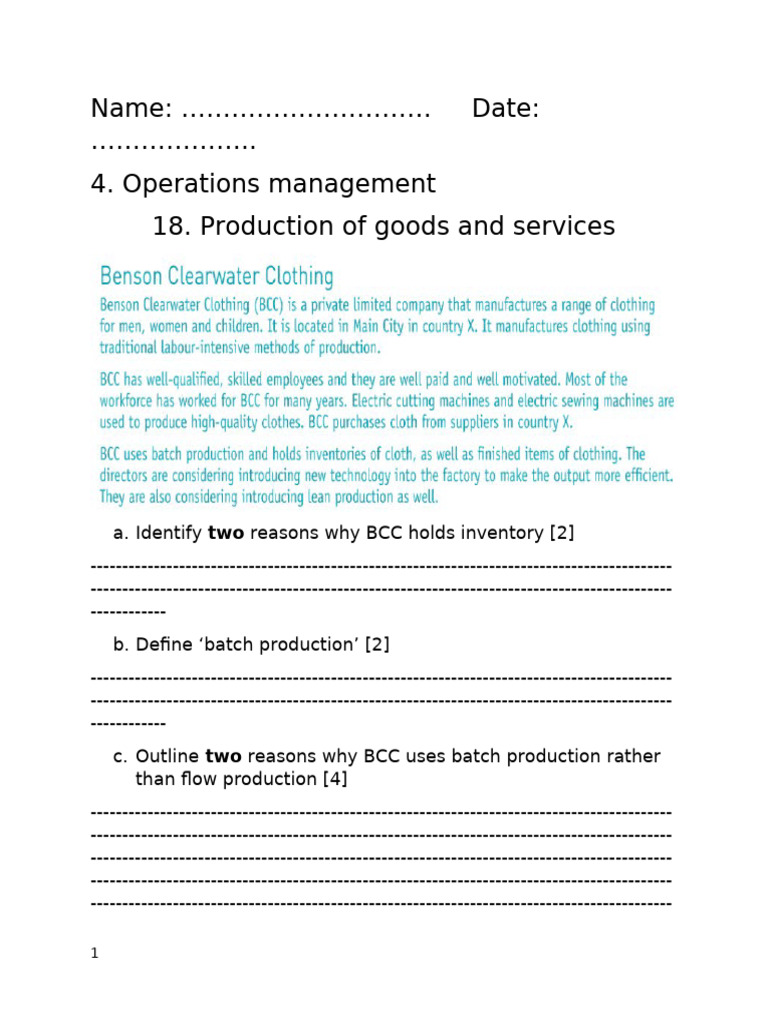 Operations Management Chapter 16 Case Study 1 Production of Goods and Services IGCSE Business ...