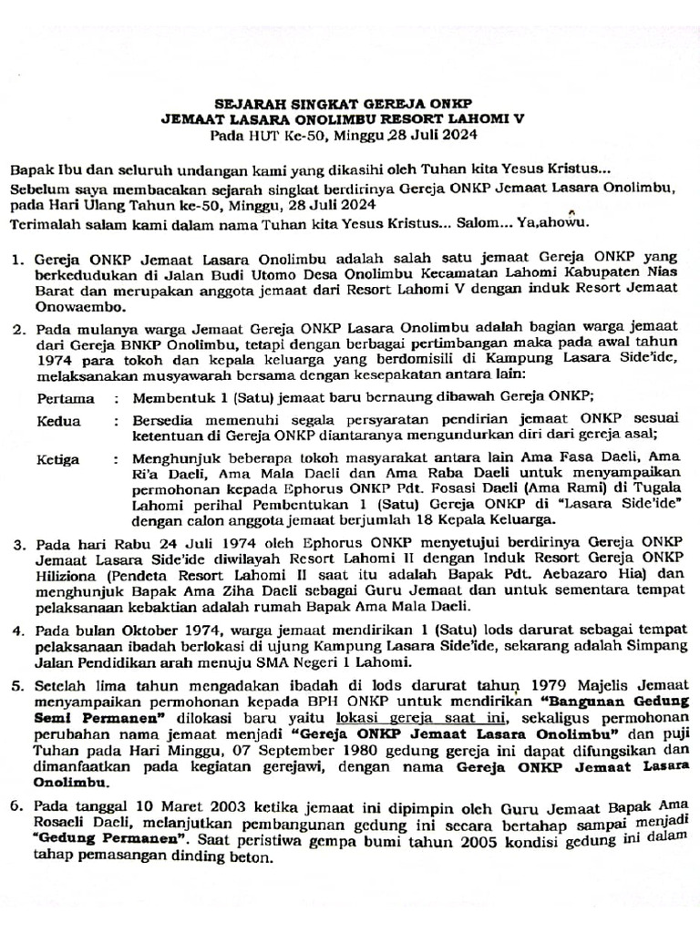Sejarah Singkat Gereja ONKP Jemaat Lasara Onolimbu Resort Lahomi V | PDF