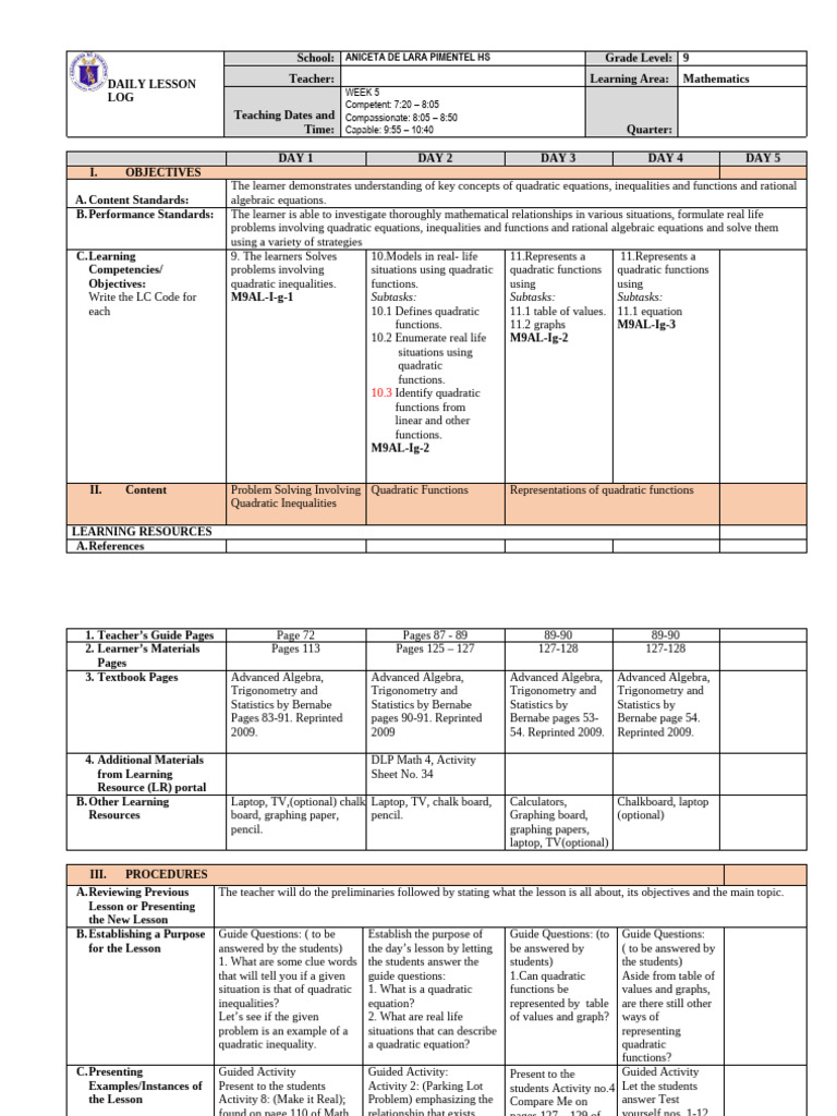 DLP Quadratic Inequalities and Functions | PDF | Quadratic Equation | Algebra