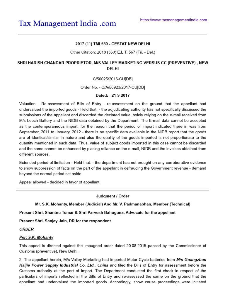 2017 (11) TMI 550 - AT - Shri Harish Chandar Proprietor M - S Valley Marketing Versus CC.. | PDF ...