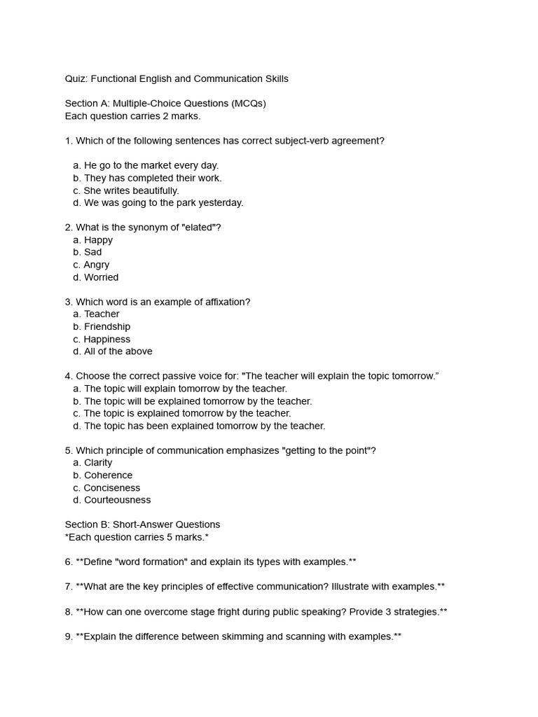 Quiz - Functional English and Communication Skills | PDF ...