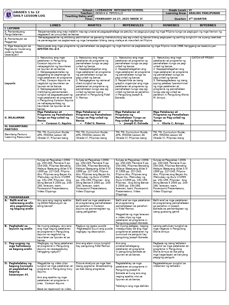 DLL - Araling Panlipunan 6 - Q4 - W3 | PDF