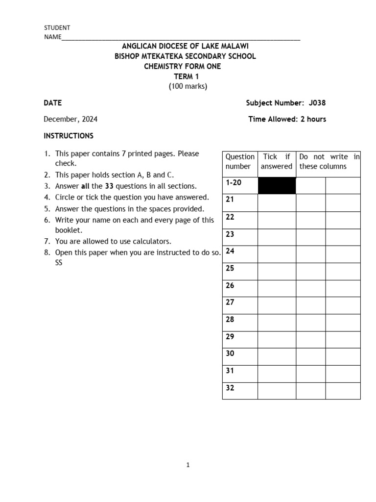 Form One Chemistry Exam Paper | PDF | Liquids | Temperature