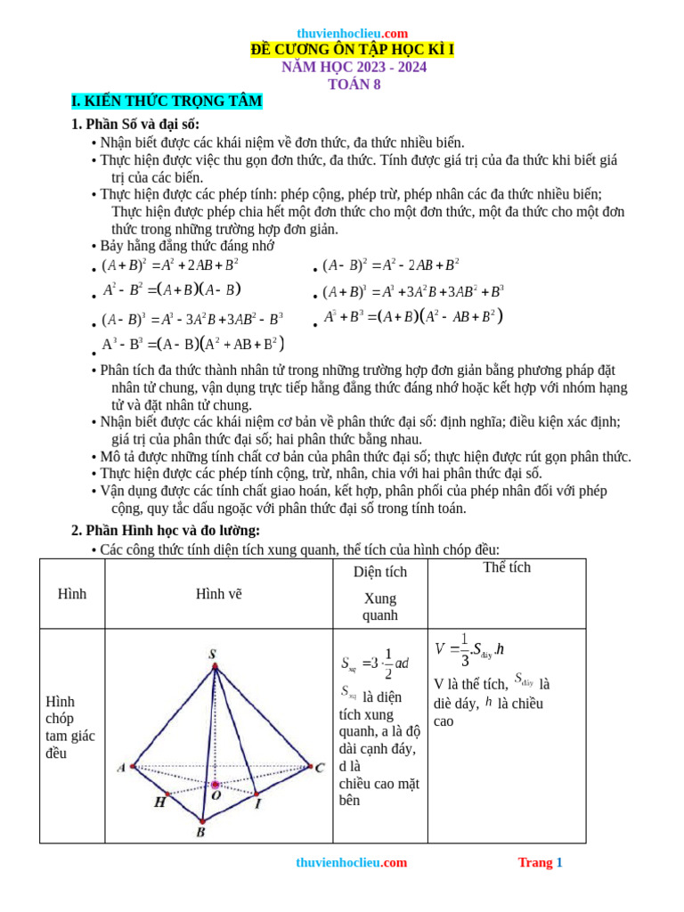 De Cuong On Tap Toan 8 HK1 23 24 | PDF