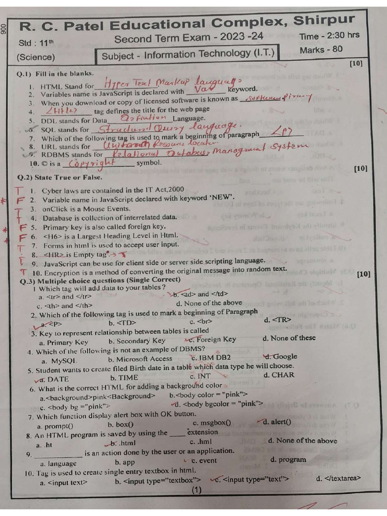 11th IT (Previous Year Question Paper | PDF
