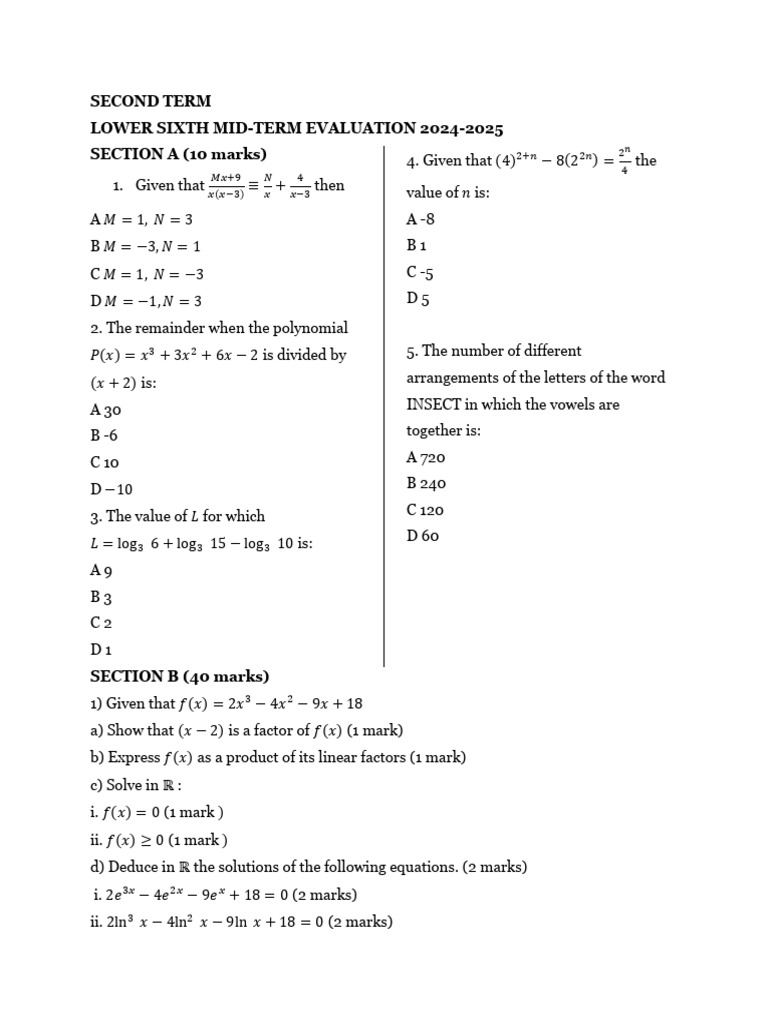 LOWER SIXTH MID term exam second term | PDF | Discrete Mathematics | Numerical Analysis