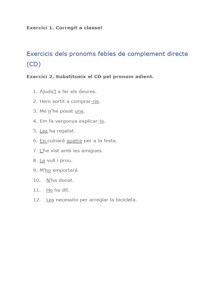 SOLUCIONS Exercicis Dels Pronoms Febles de Complement Directe (CD) | PDF