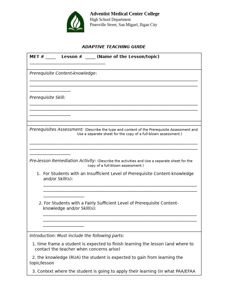 ADAPTIVE TEACHING GUIDE Template | PDF