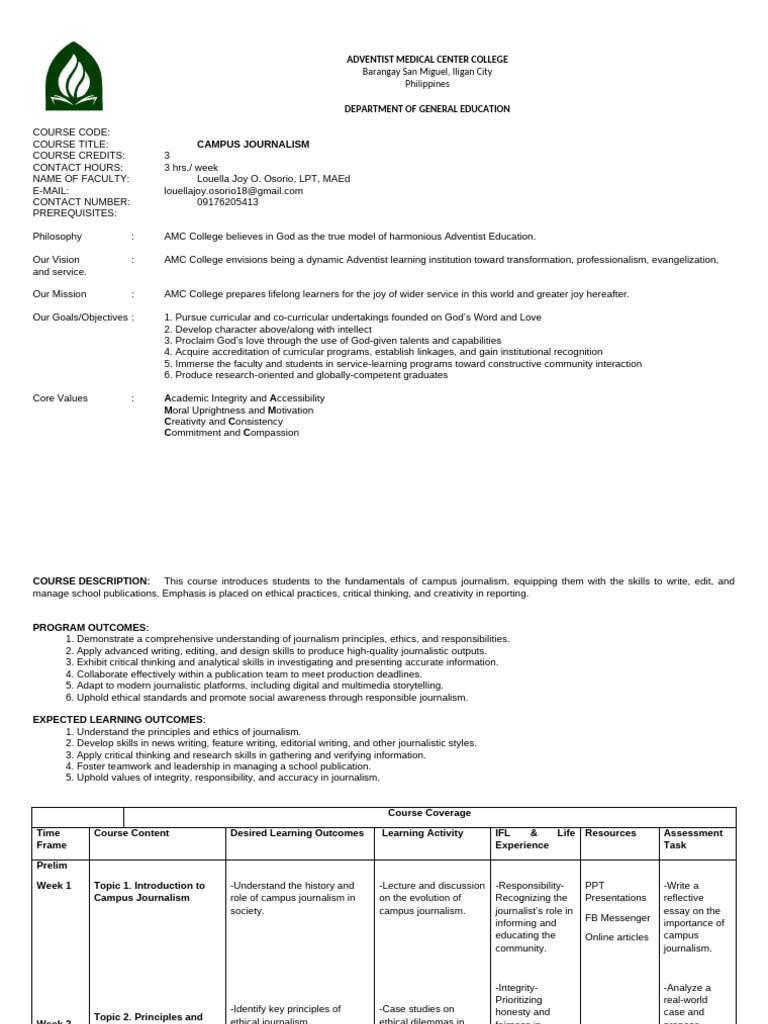Syllabus - Campus Journalism.2024 | PDF | Journalism | News