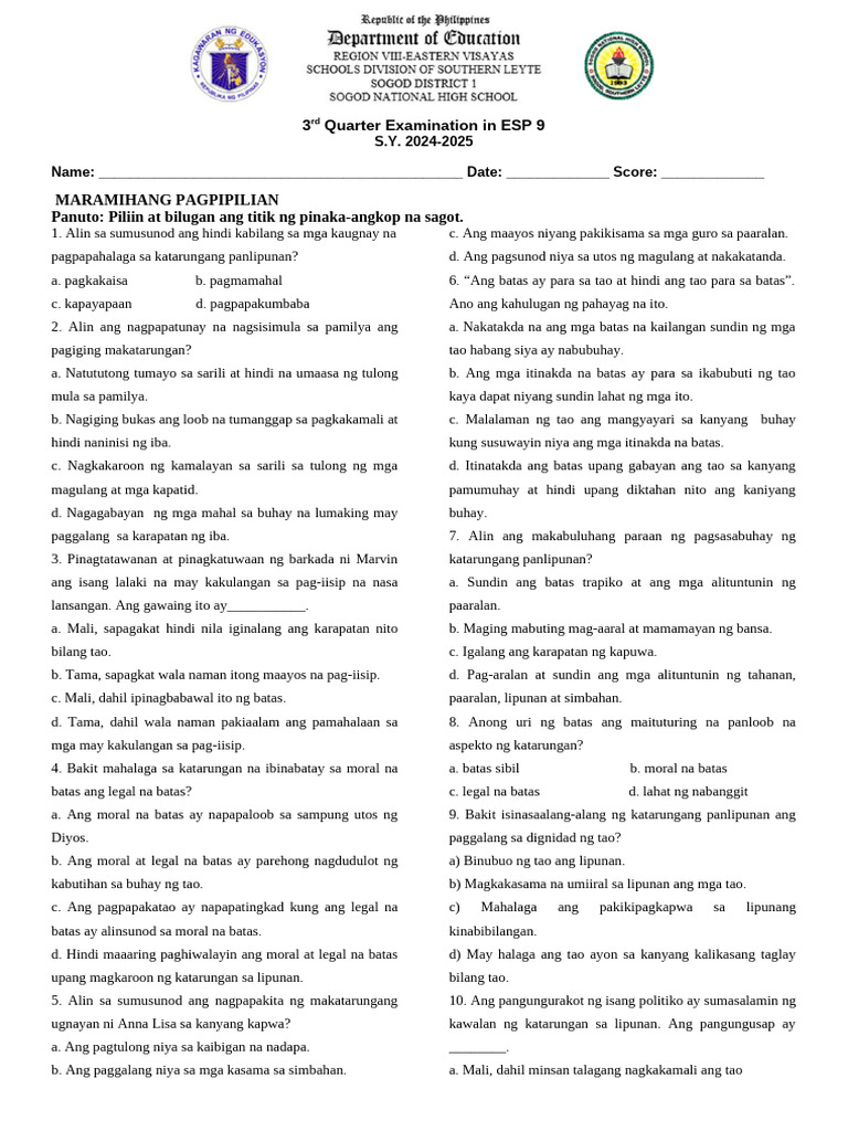 3rd Quarter Examination in ESP 9 | PDF