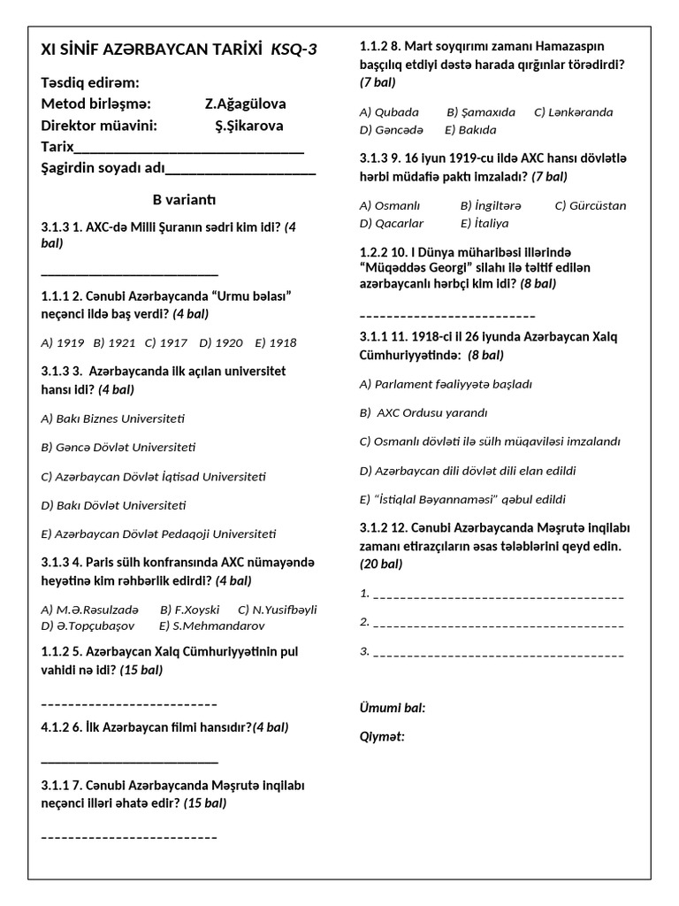 B VARİANt 9cu Sinif Az Tarix KSQ 3 | PDF