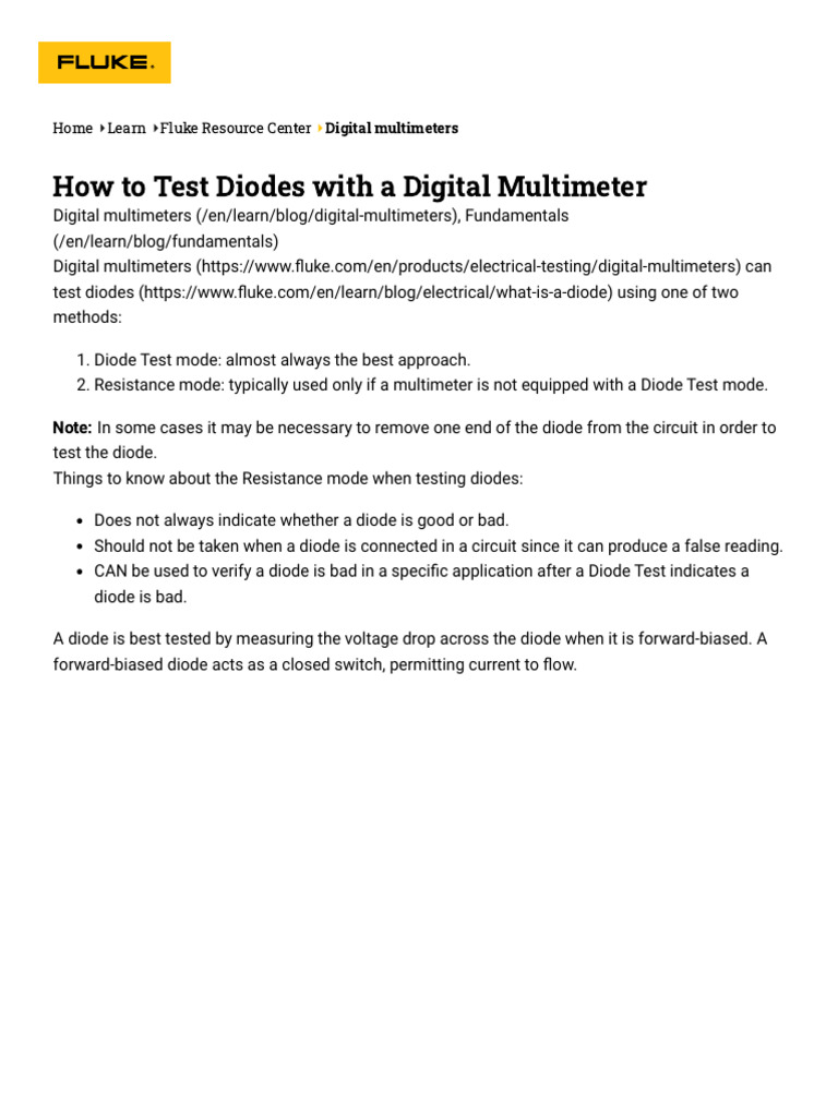 How To Test Diodes With A Digital Multimeter - Fluke | PDF | Diode | P ...