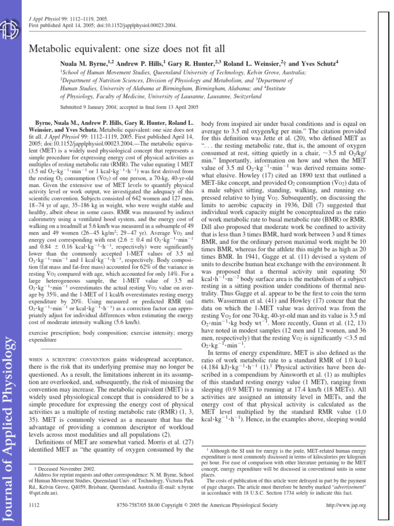 Metabolic Equivalent - One Size Does Not Fit All (MET) | PDF | Body ...