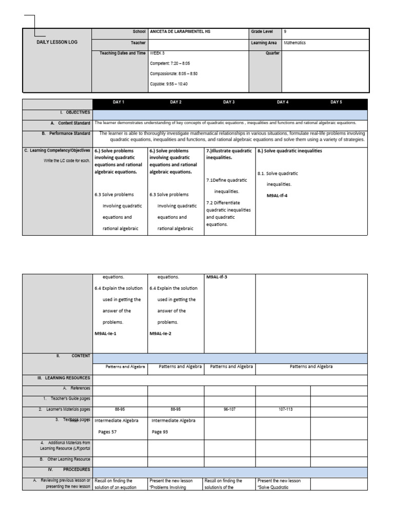 Solve Problems Involving Quadratic Equations | PDF | Equations | Algebra