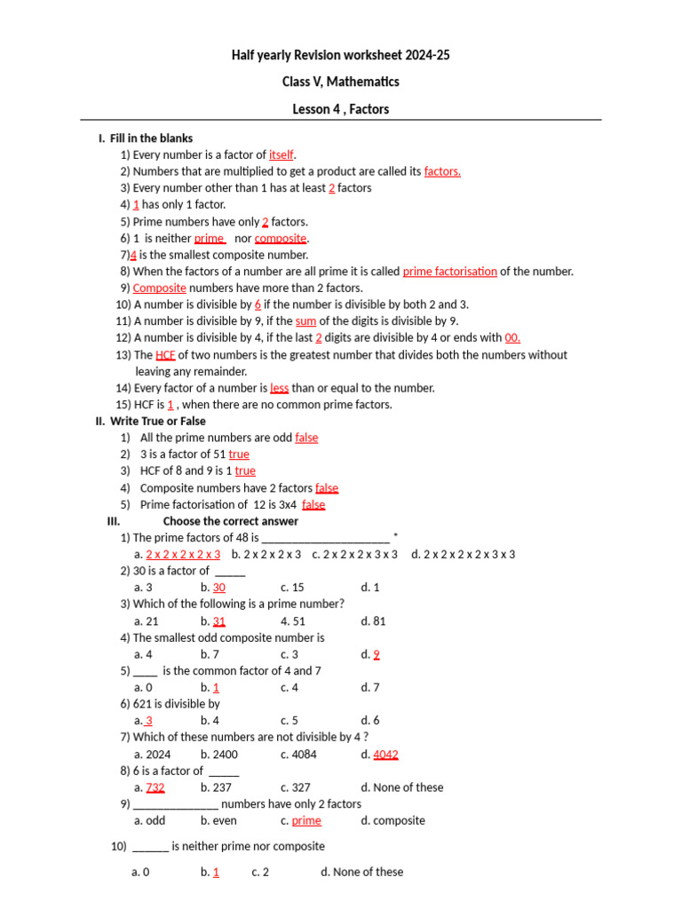 Half Yearly Revision Worksheet 2024 Factors - Ans. Key | PDF | Prime Number | Numbers