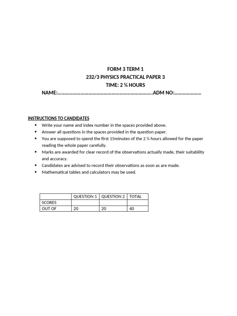 Physics Form 3 Paper 3 Questions | PDF