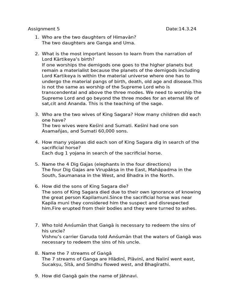 Ramayana Bala khanda Assignment 5 answers | PDF | Hindu Deities | Hindu Mythology