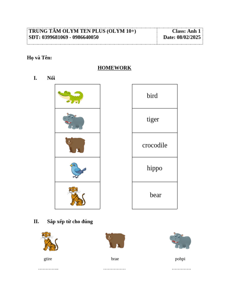 HOMEWORK (TIẾNG ANH LỚP 1) 08.02.2025 | PDF