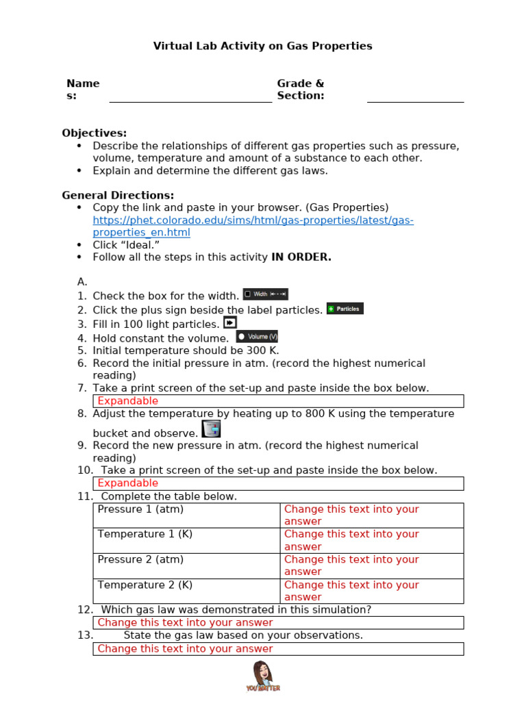 Gas Properties Virtual Lab Activity | PDF | Gases | Temperature