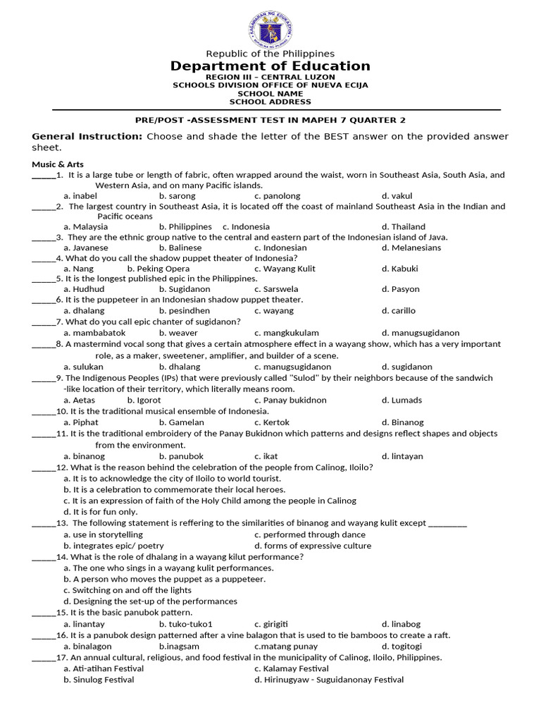 Pre - Post Assessment Test For Q2 Mapeh 7 | PDF | Adolescence