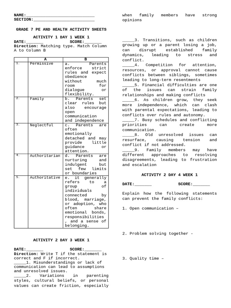 W1 ACTIVITY SHEETS IN PE&H 7 Q2 | PDF | Parenting | Psychological Concepts