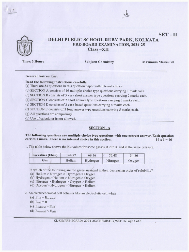 CL - 12 - Pre-Board - Chemisrty - 2024-25 DPS | PDF