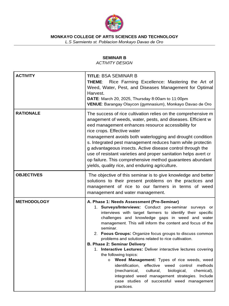 ACTIVITY DESIGN BLS 2 Grous | PDF | Agriculture | Rice