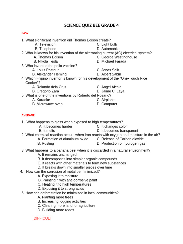 Grade 4 Science Quiz Bee Questions | PDF | Deforestation | Waste