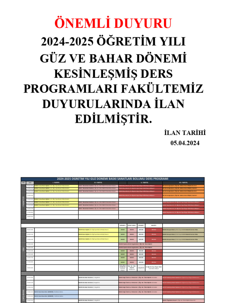 2024 2025 Ogretim Yili Guz Ve Bahar Donemi Kesinlesmis Ders Programi ...