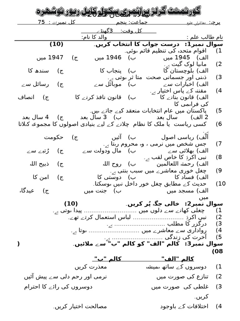 5th Pak Study Paper Feb 2025 (GPS) | PDF