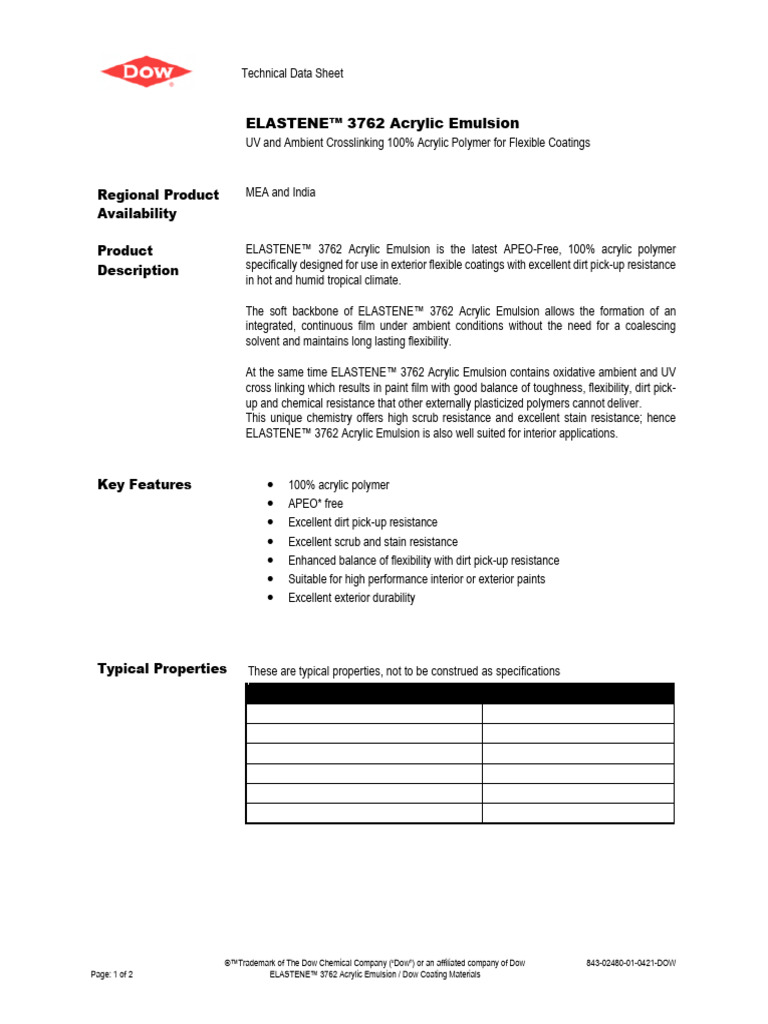 843 02480 01 Elastene 3762 Acrylic Emulsion | PDF | Paint | Poly(Methyl ...