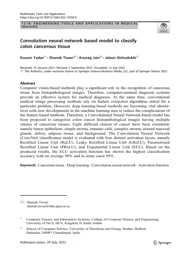 Colon Cancer Tissue Classification Using CNN | PDF | Applied Mathematics