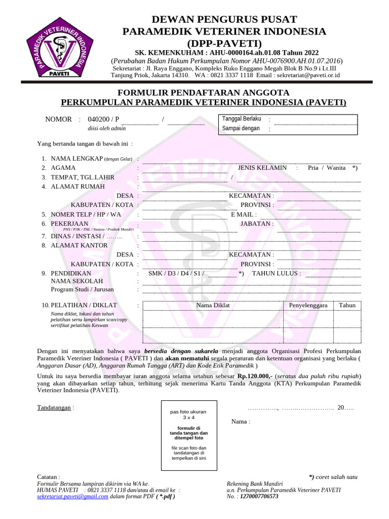 Formulir Pendaftaran Anggota Baru PAVETI-1 | PDF