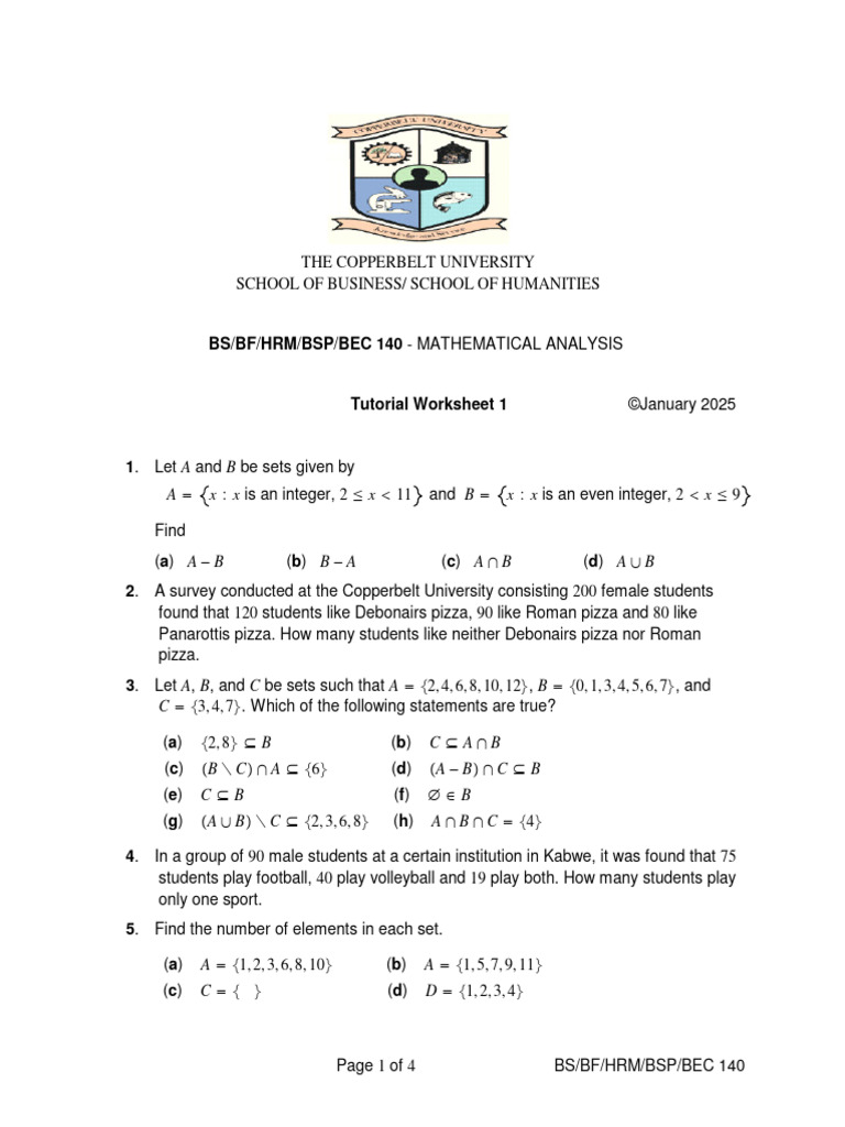 BS 140 Worksheet 1 2025 | PDF | Mathematical Concepts | Algebra