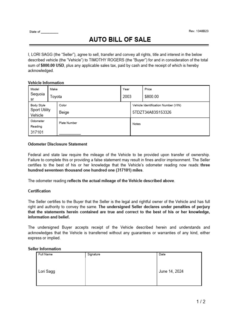 Texas Automobile Bill of Sale Form | PDF | Vehicles